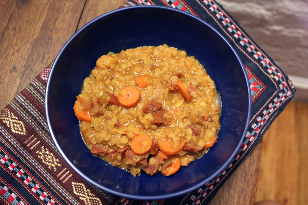 Stewed Red Lentils with Carrots and Chorizo - bites out of life